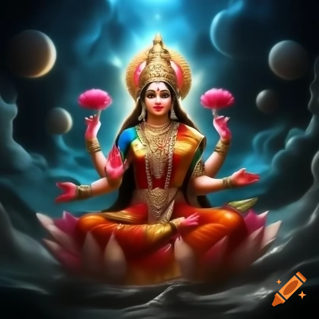 Vibrant depiction of goddess lakshmi in gold and celestial blue light ...