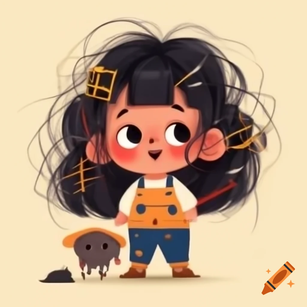 Kawaii latina girl with long black messy hair in construction clothes ...