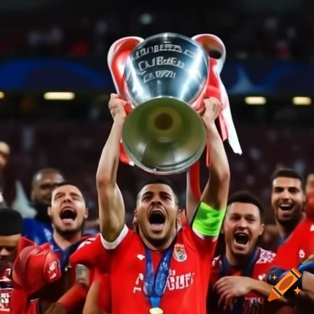 Benfica celebrating victory by lifting the Champions League cup on Craiyon