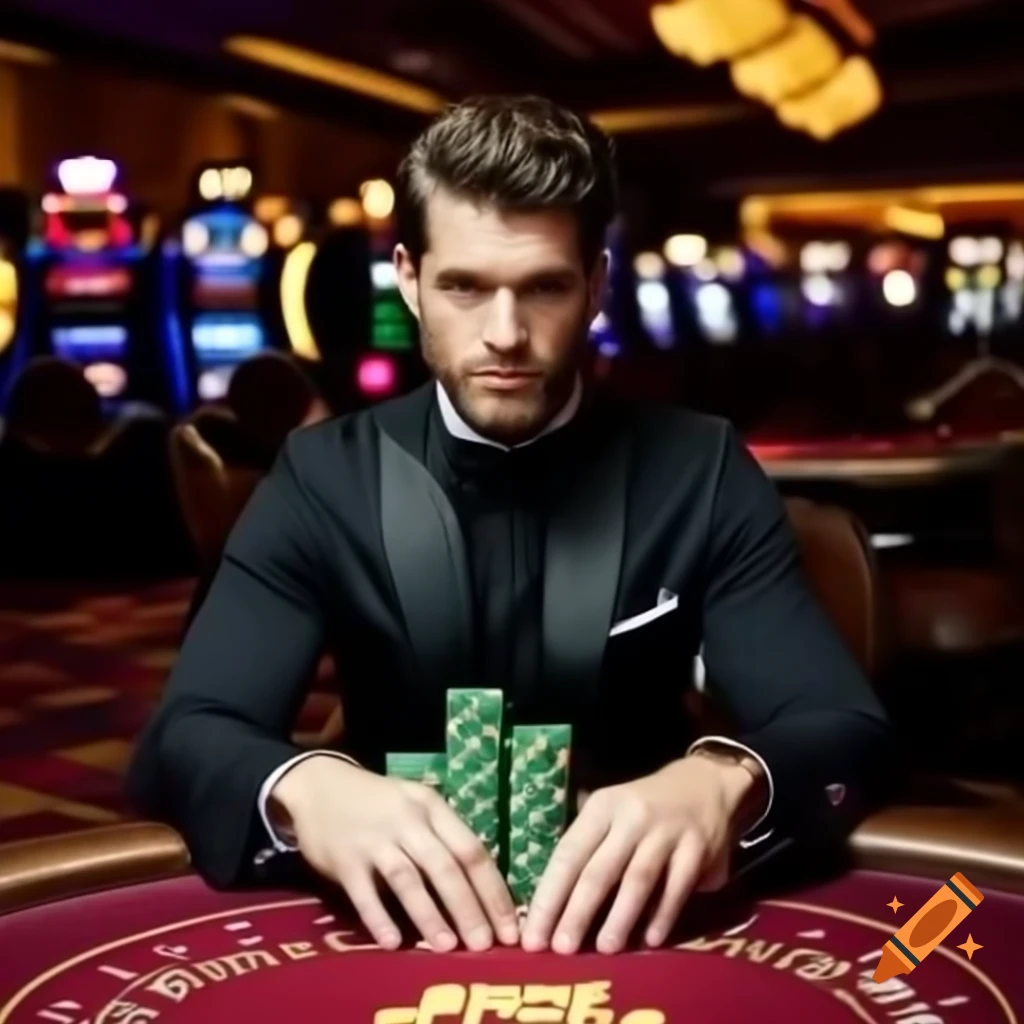 Man in a casino setting, engaging with gaming machines or tables on Craiyon