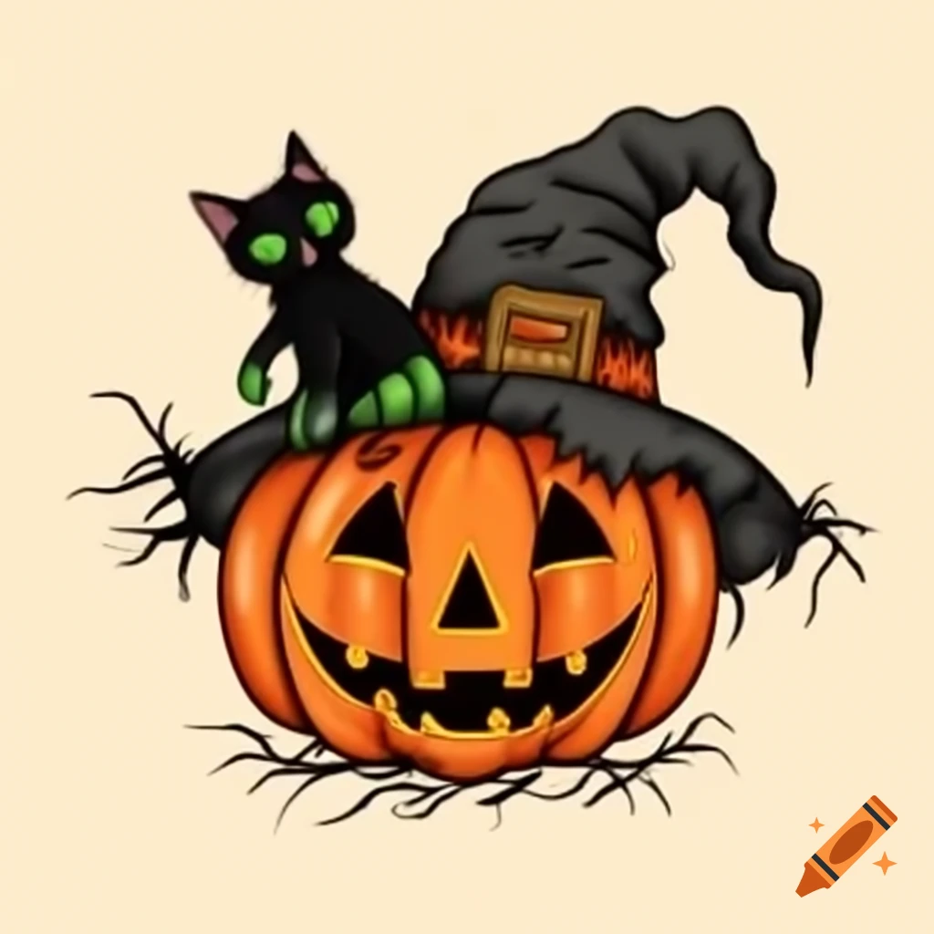 Medieval woodcut of Jack o' lantern scarecrow and black cat with green ...