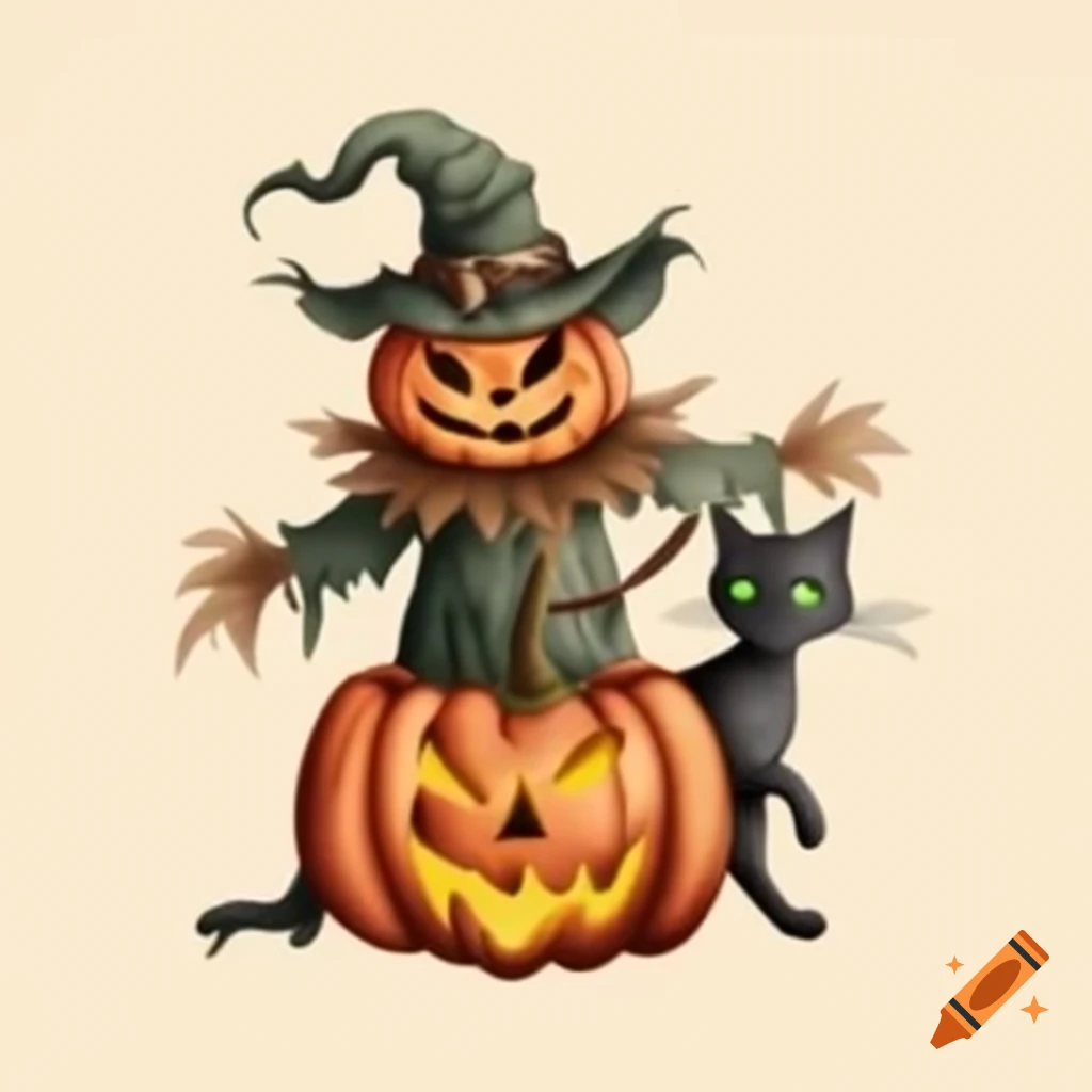 Medieval woodcut of Jack o' lantern scarecrow and black cat with green ...