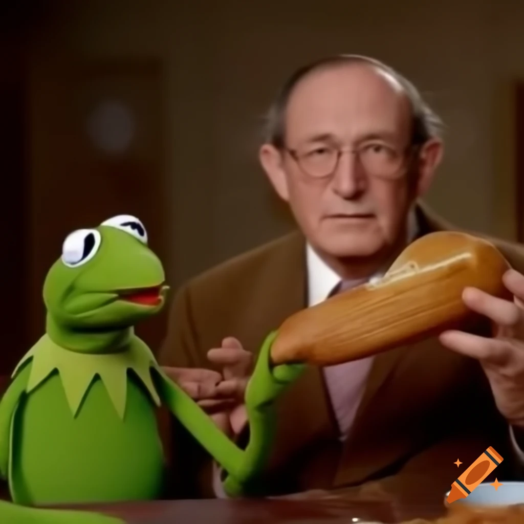 Kermit the frog in futuristic outfit with a coffee cup on Craiyon