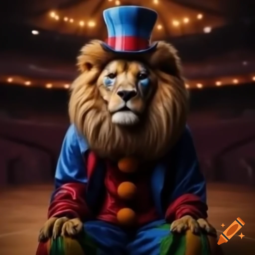 Lion in clown costume performing in circus arena on Craiyon