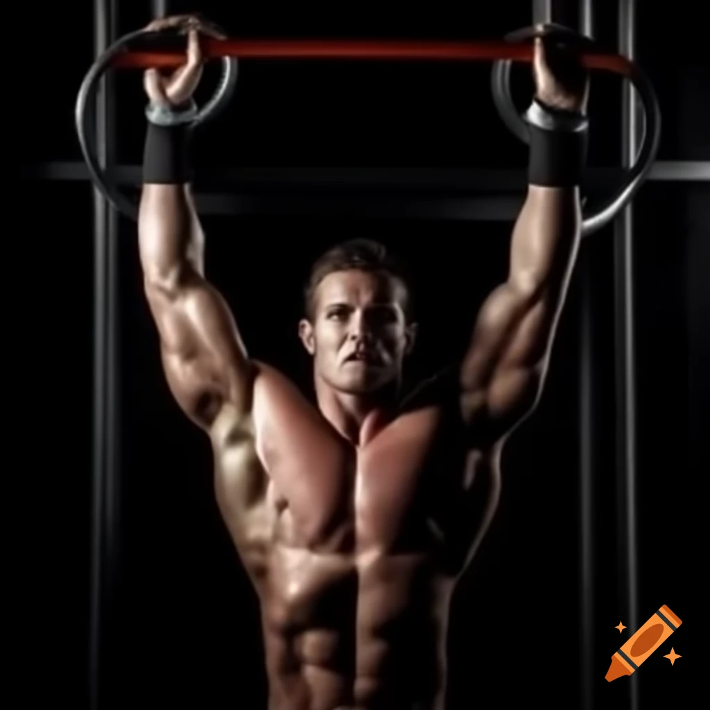 Macho Man performing pull-ups on gym rings in photorealistic style on Craiyon