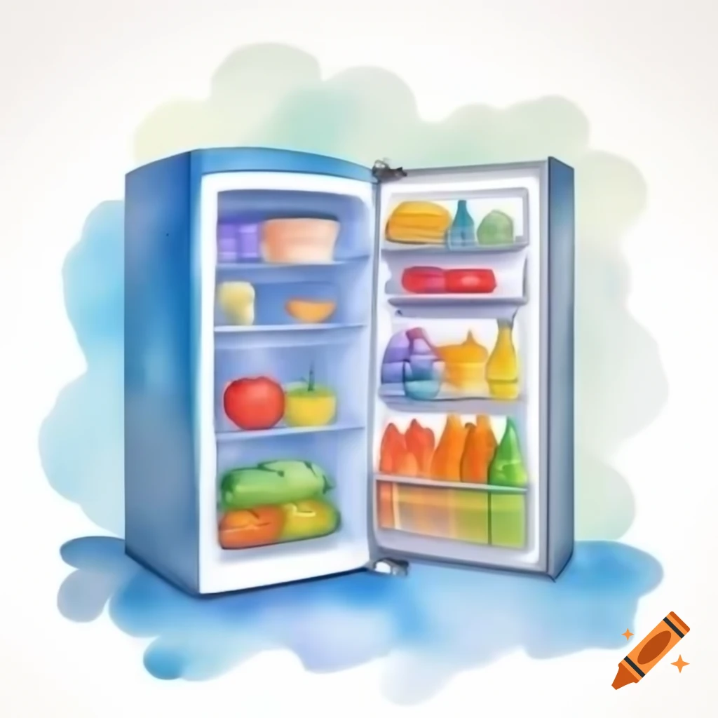 Cartoon-style open fridge on white background, watercolor illustration ...