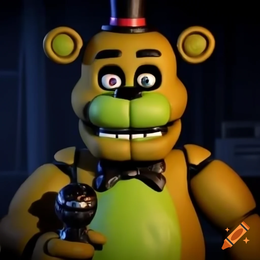 Freddy Fazbear dancing on a checkered floor in a dark, neon-lit room ...