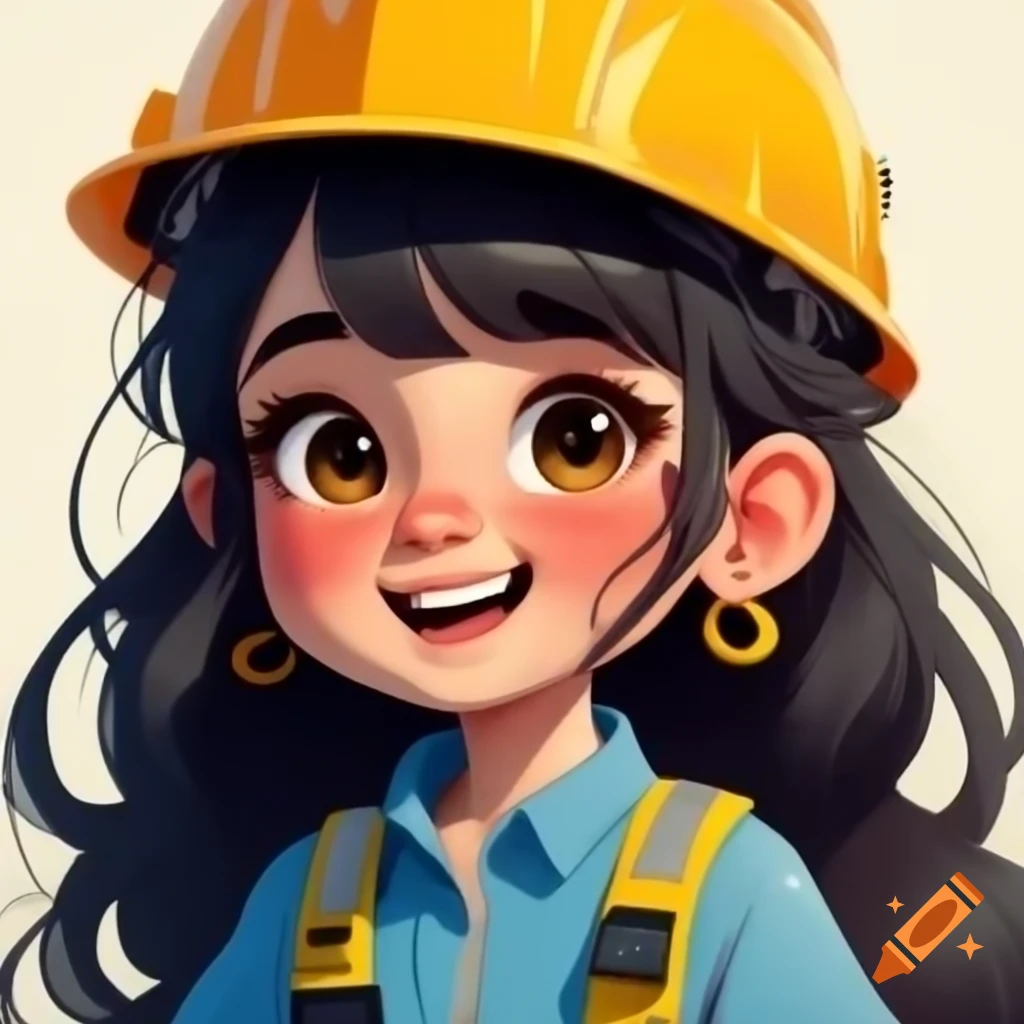 Cheerful girl in construction gear with long black hair and beauty mark ...