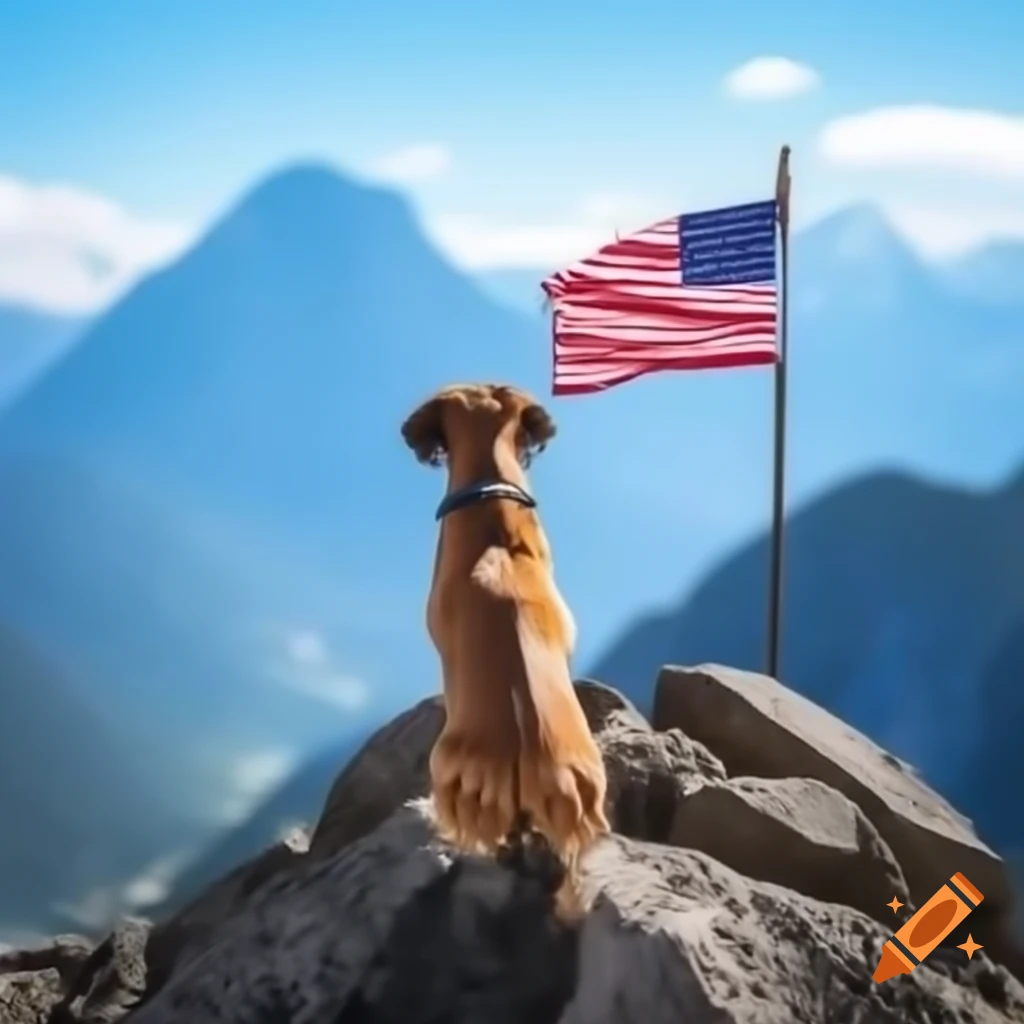 Dog standing on mountain with american flag on Craiyon