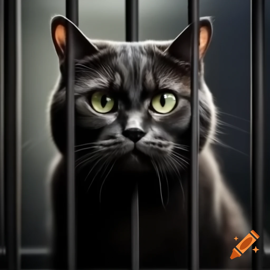 Realistic black cat with an angry expression behind bars in dark jail ...