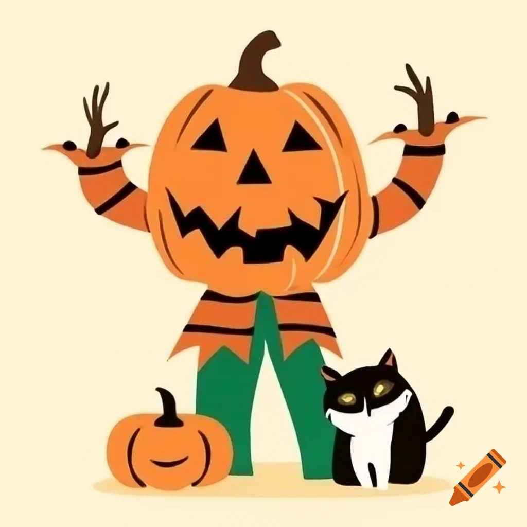 1980s Halloween illustration with jack o' lantern scarecrow and black ...
