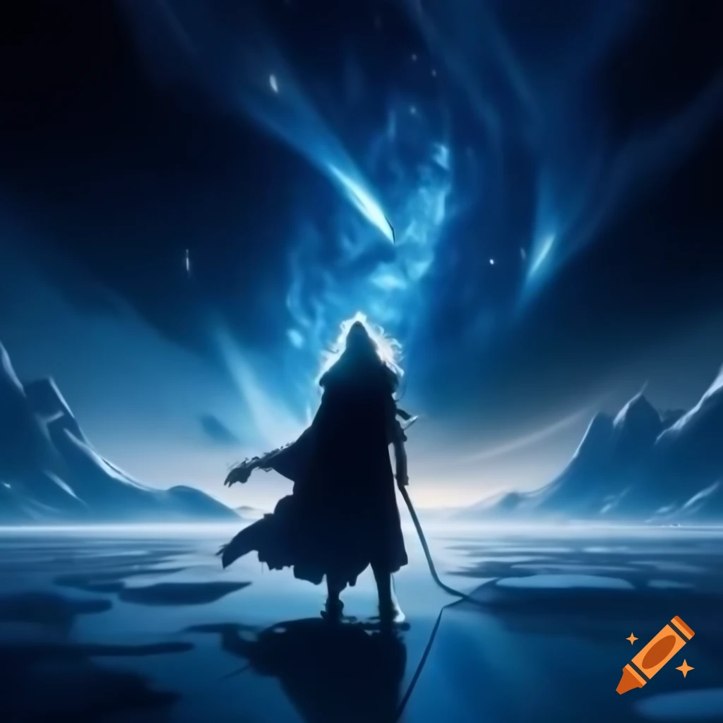 Elven king gazing at starry sky in icy field on Craiyon