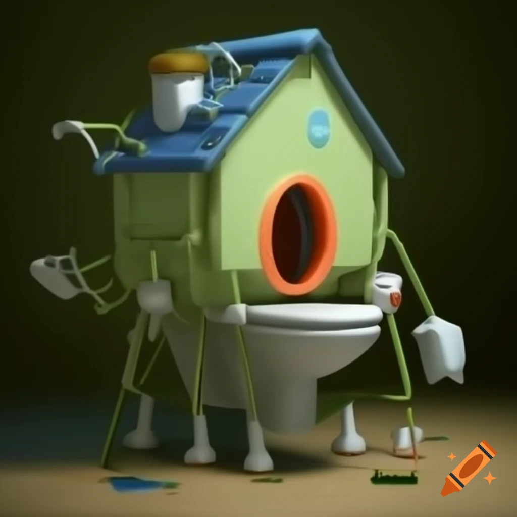 Pigeon on toilet with human legs in humorous setting on Craiyon