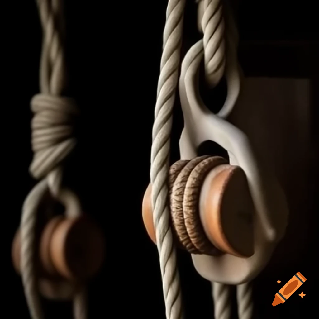 Coiled rope around a pulley with hanging section on Craiyon