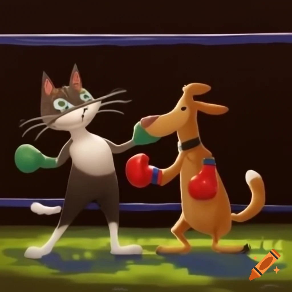 Cat and dog playfully boxing each other on Craiyon
