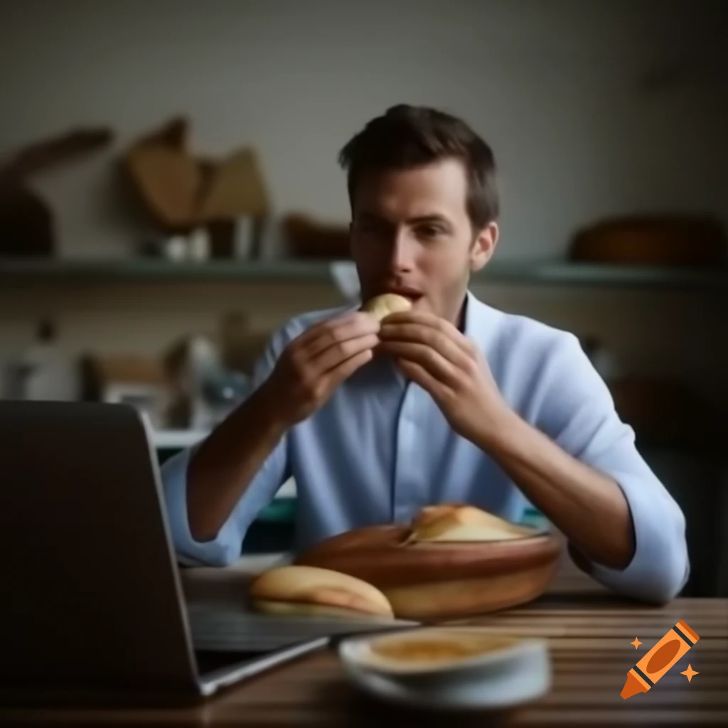 IT professional working on laptop while eating stale bread on Craiyon