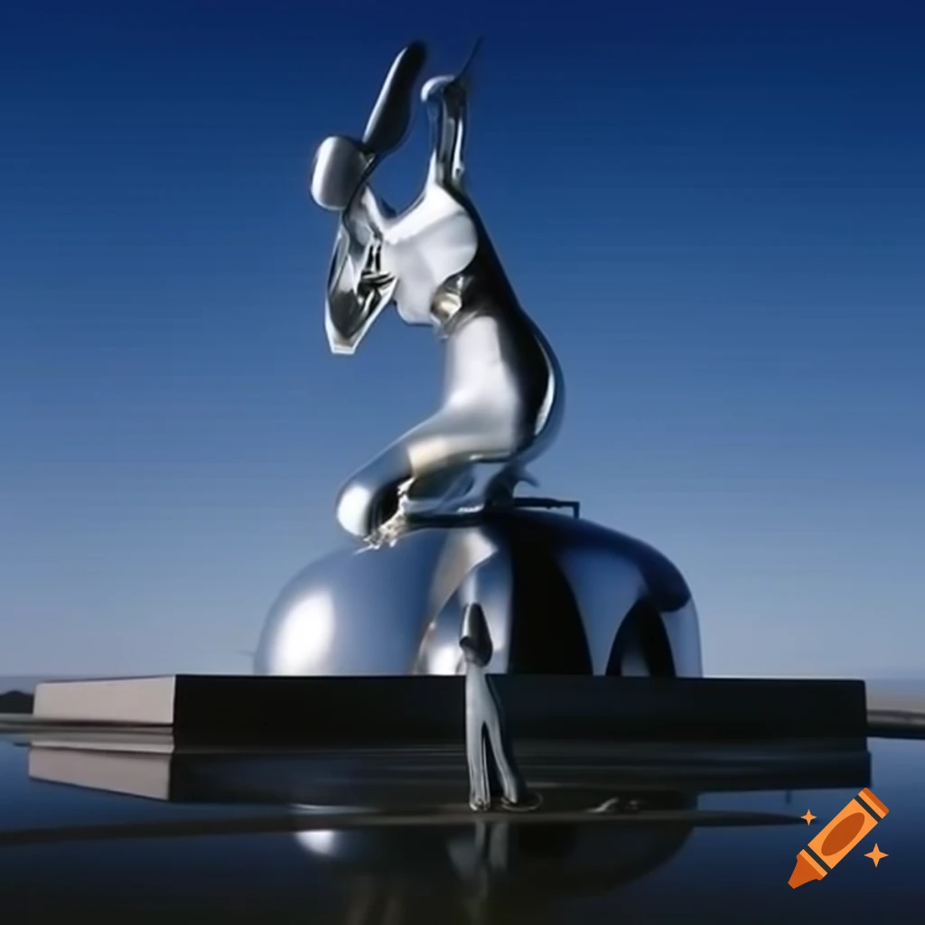 Pop surreal 2000's photography featuring anime-inspired silver statue ...