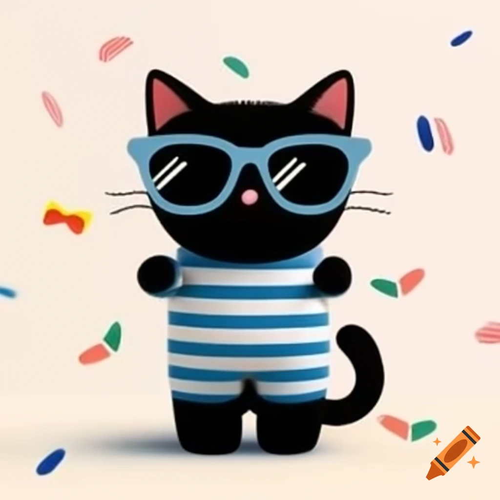 Cartoon of black cat with striped pajamas and sunglasses on Craiyon