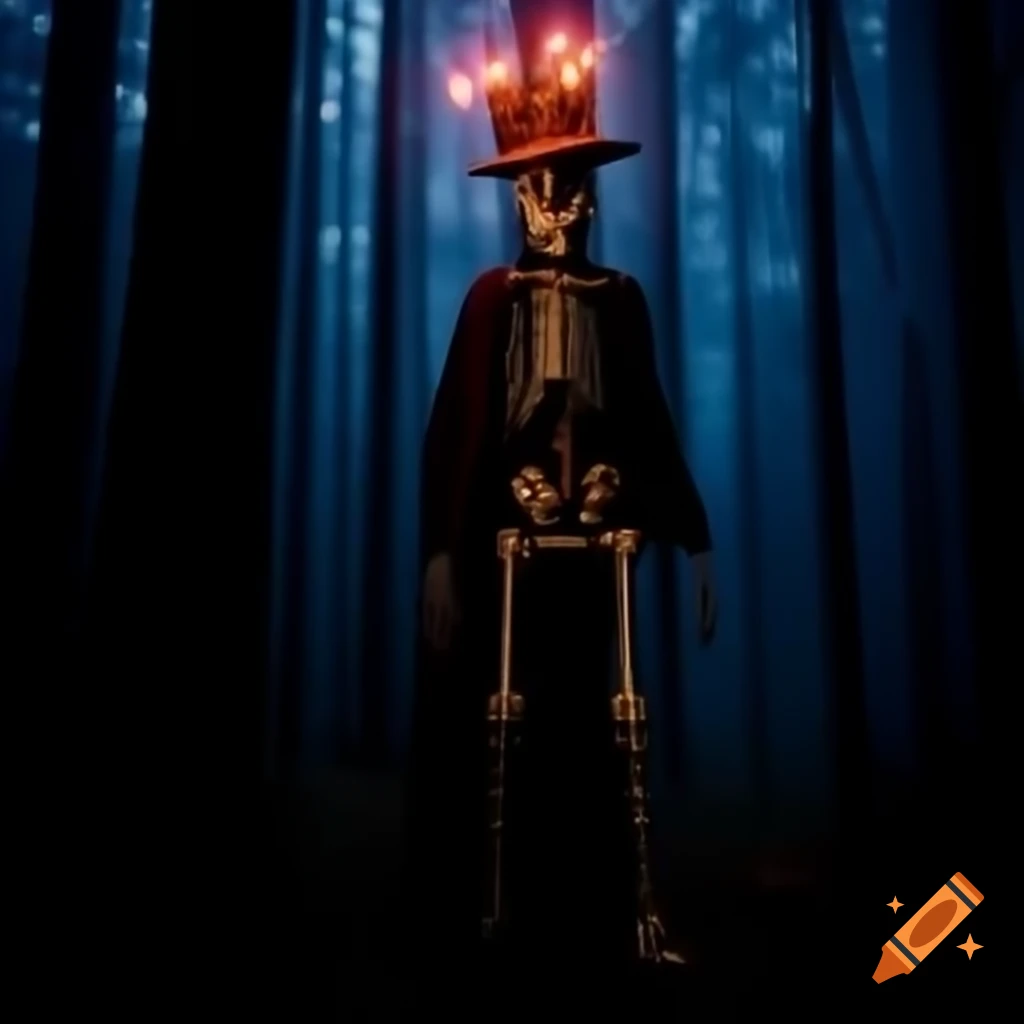 100 foot tall skeleton wearing birthday hat in dark cinematic forest on ...
