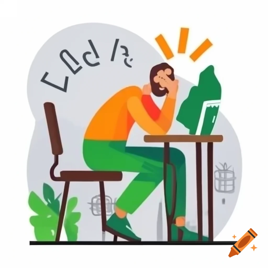 Frustrated man sitting at desk with stressed expression on Craiyon