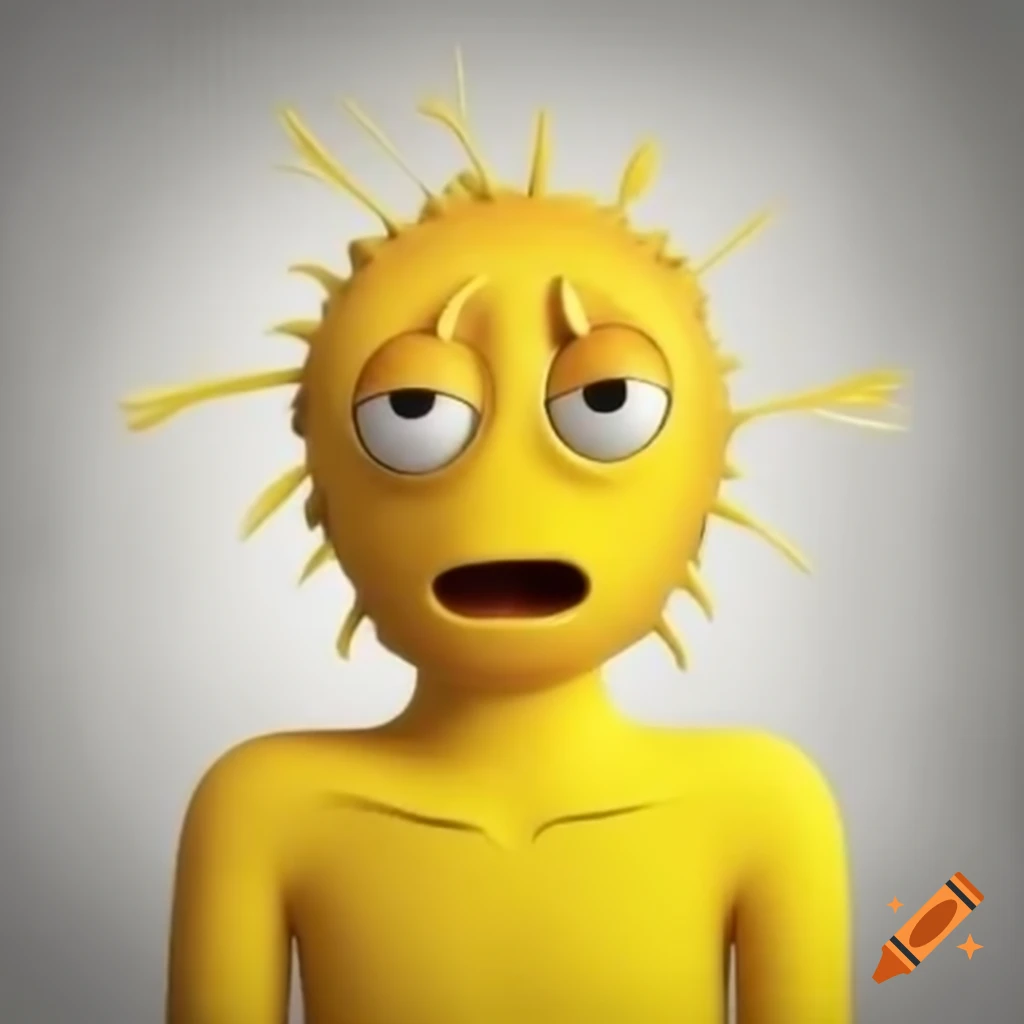 Man with yellow skin and rubber emoji head smiling into the camera on ...