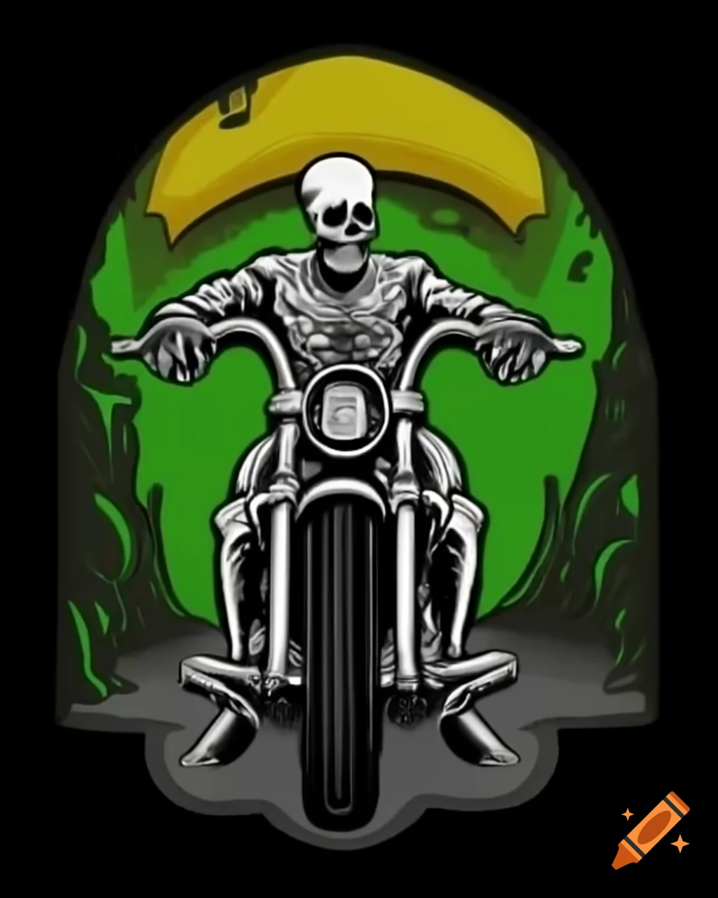 Skeletal biker riding vintage Indian motorcycle on highway on Craiyon