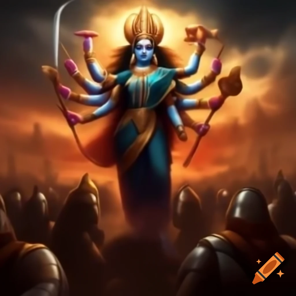 Goddess Durga towering in battle scene from ancient Indian Puranas ...