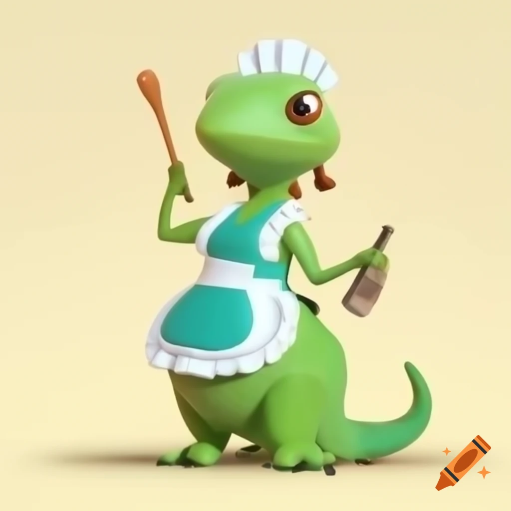 Cartoon style illustration of lizard woman in maid dress in full growth ...