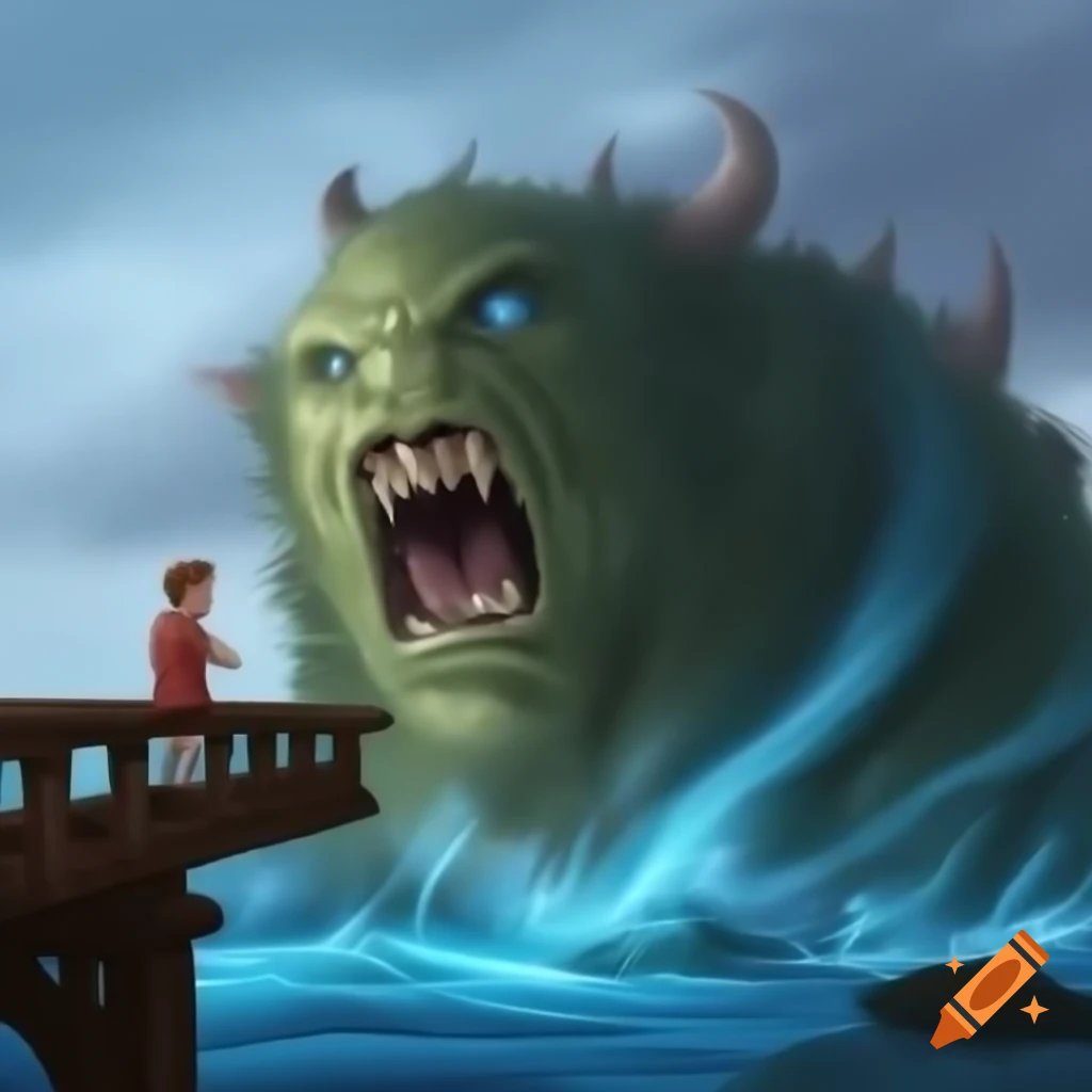 Child shocked by realistic monster on bridge with blue vortex in sky ...