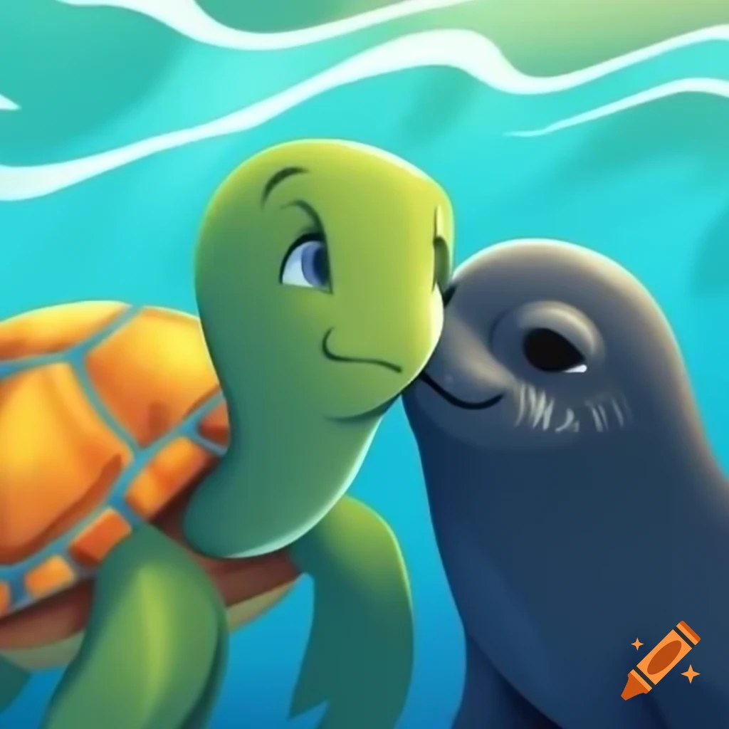 Nonny and Gil from Bubble Guppies hiding from a giant turtle on Craiyon