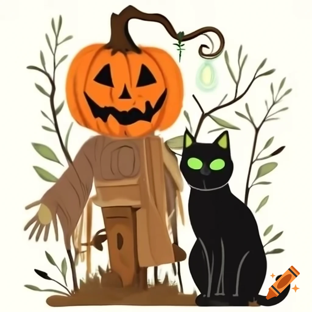 Medieval woodcut of jack o' lantern scarecrow and black cat with green ...