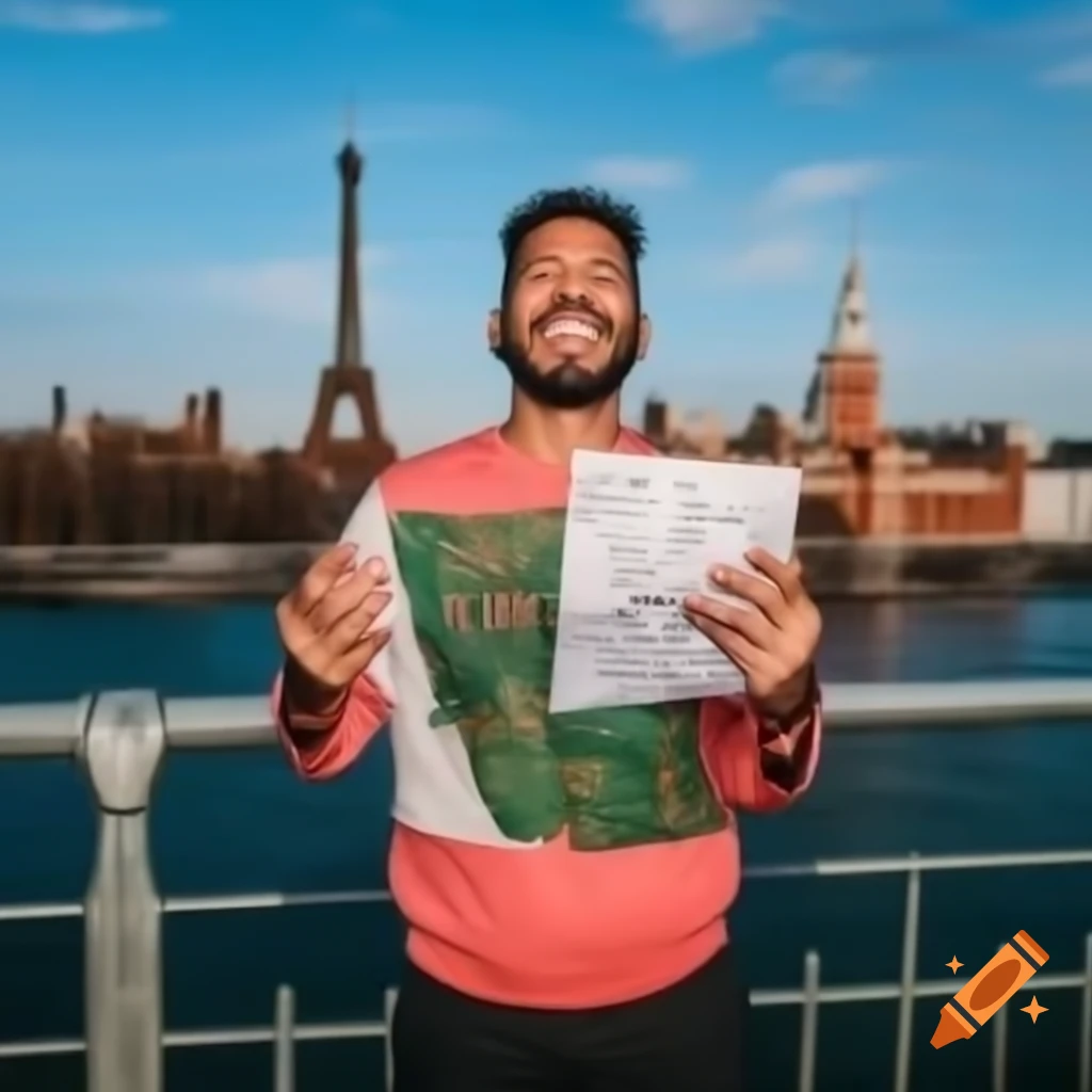 Tourist guide celebrating in front of a famous landmark, holding a map ...