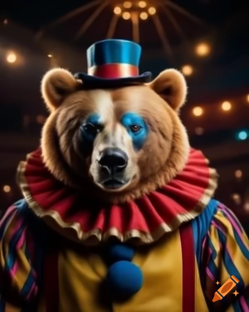 Creepy white teddy bear with red eyes and bow sitting on bed on Craiyon