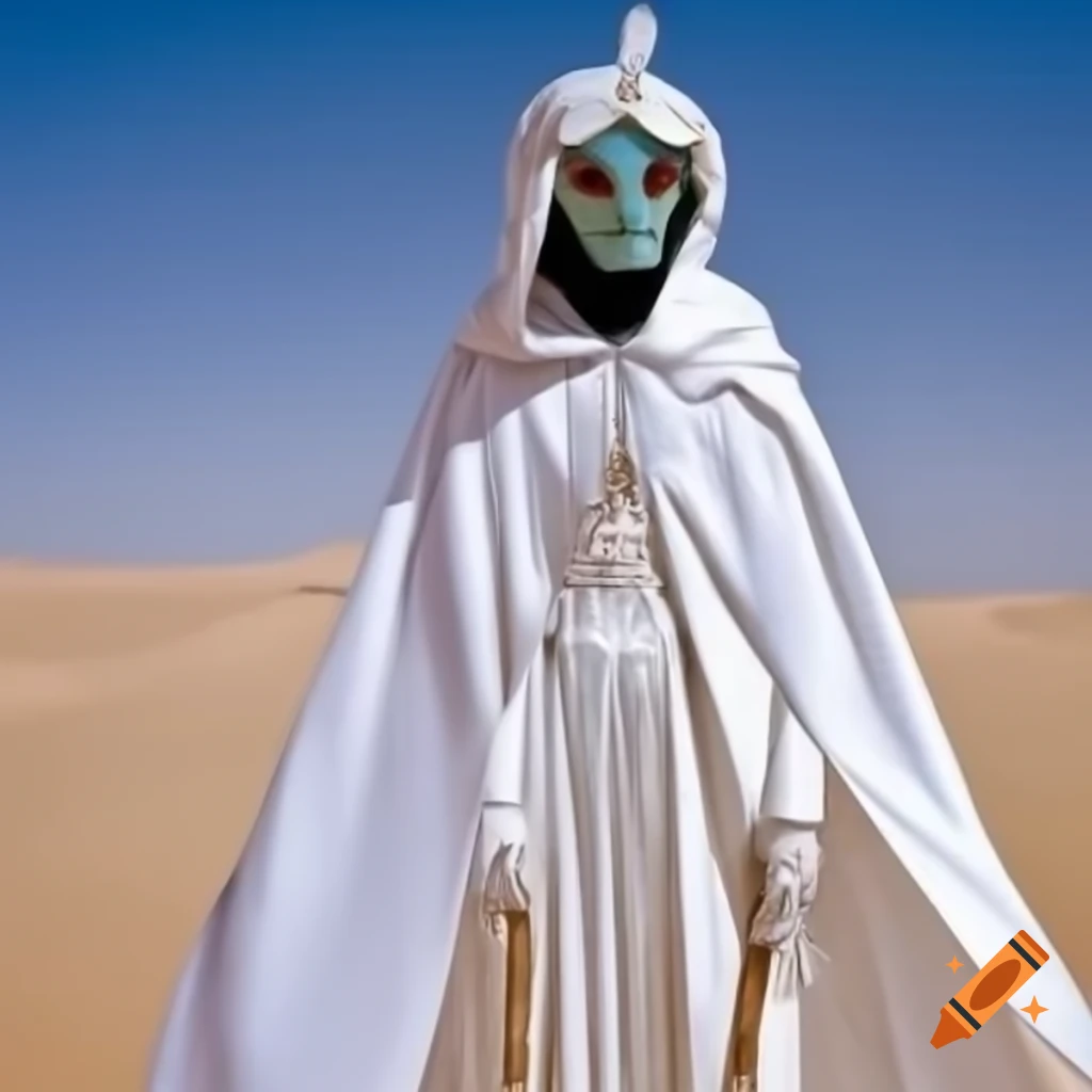 Tall skinny masked figure in white robe and headdress in a desert ...