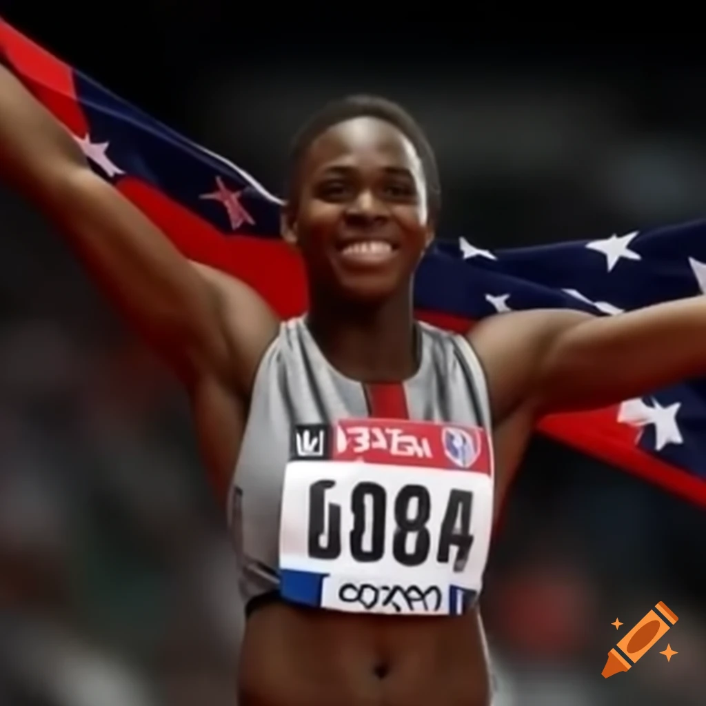 Athlete celebrating first place win with gold medal on Craiyon