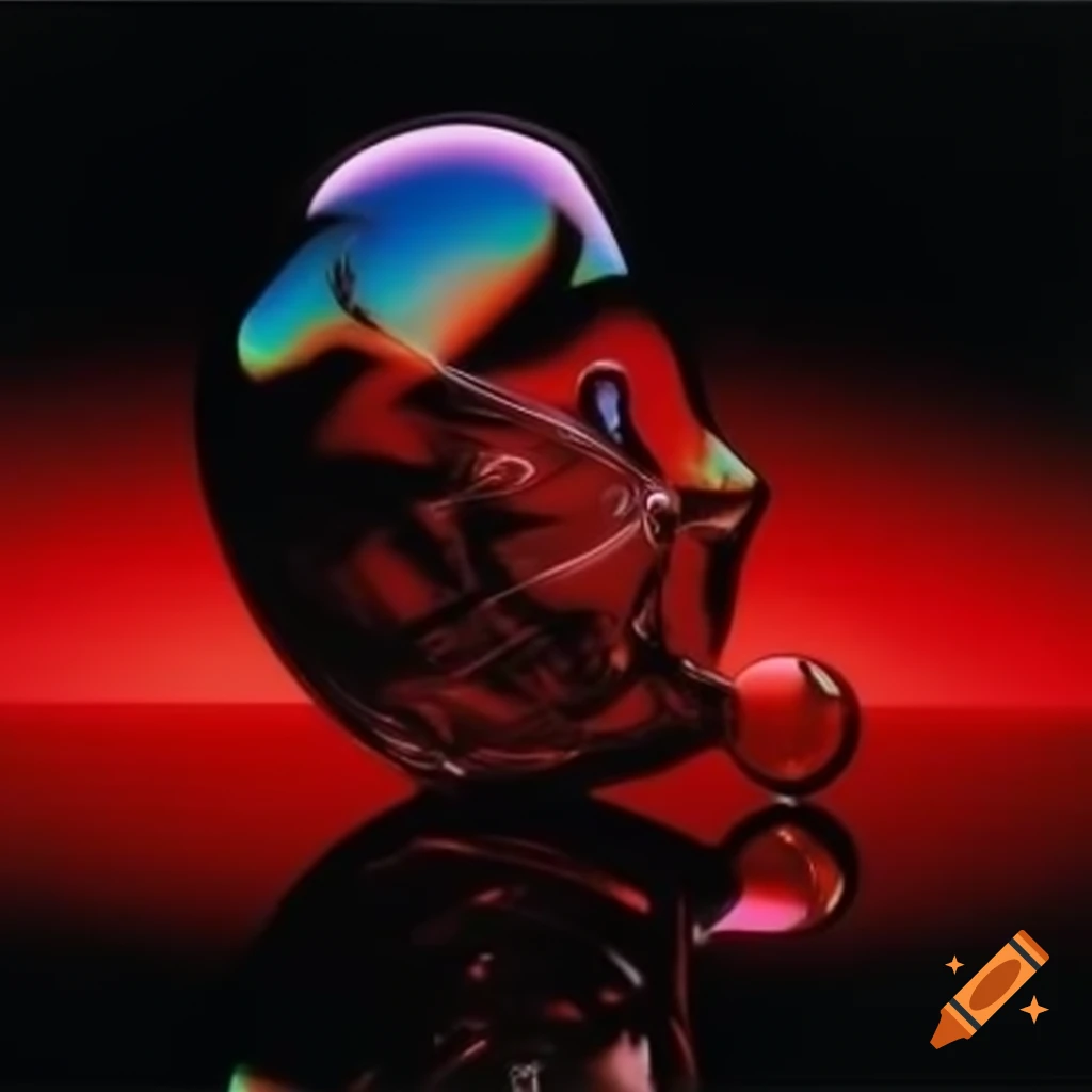 Pop surreal photography featuring iridescent red glass statue on Craiyon
