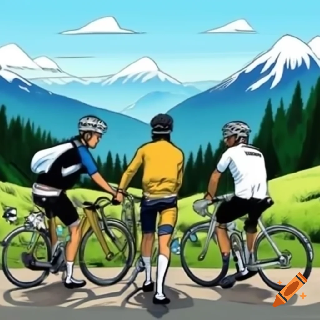 Three cyclists riding racing bicycles up challenging mountain pass in ...