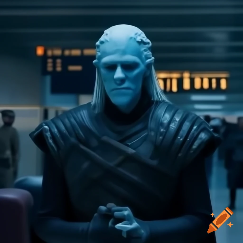Undead ice king-like figure at airport holding a sign on Craiyon