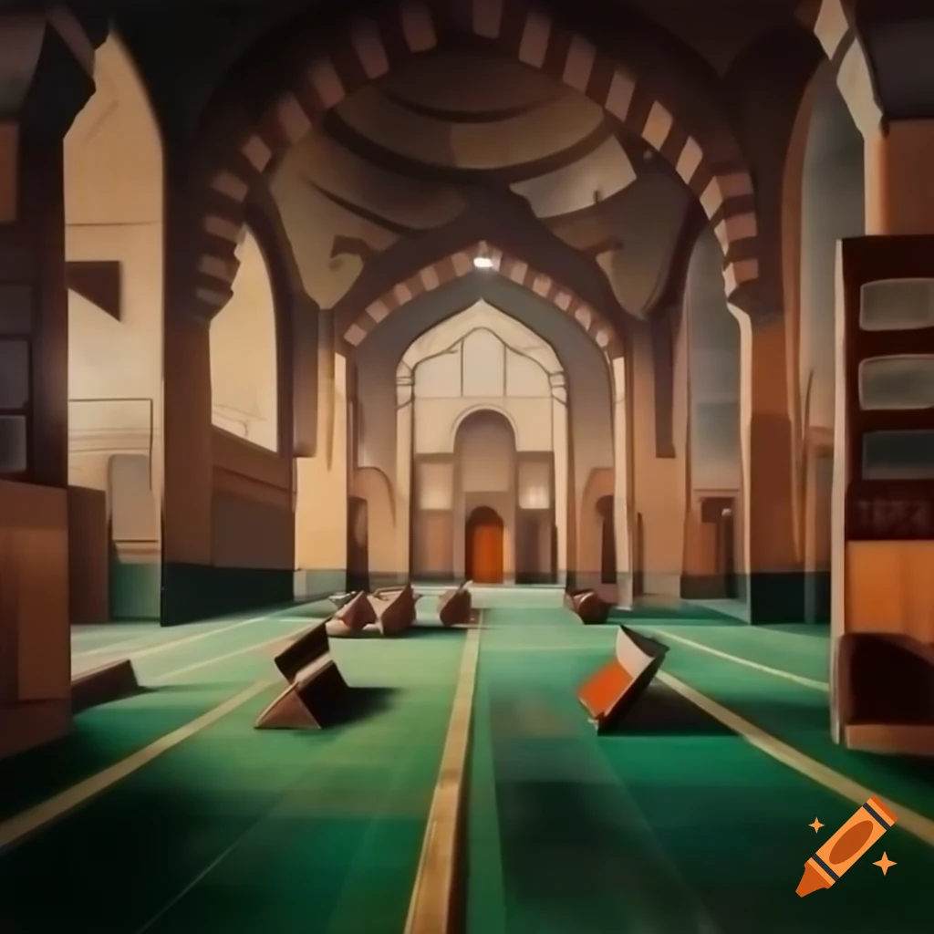 Impressionist painting of traditional mosque interior with floor ...