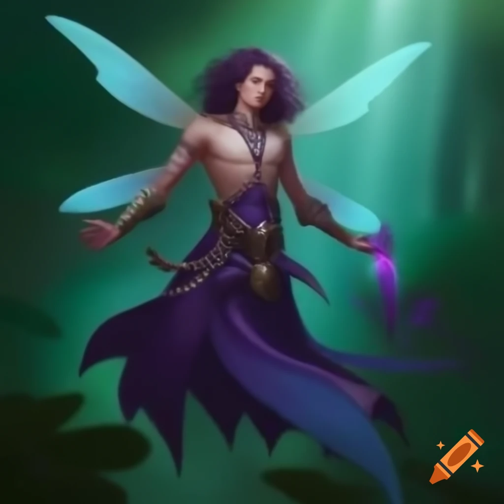 Ethereal male sylph with dragonfly wings flying in verdant forest ...