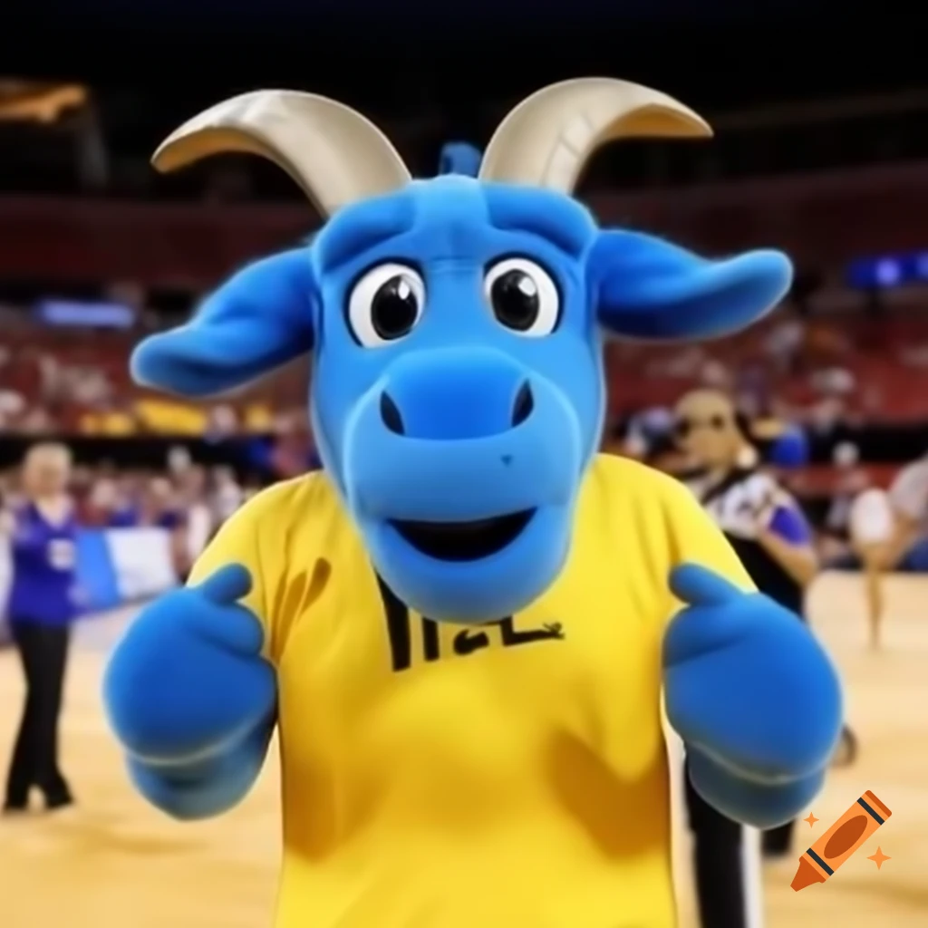 Buff blue goat mascot wearing yellow shirt in Egypt-themed game on Craiyon