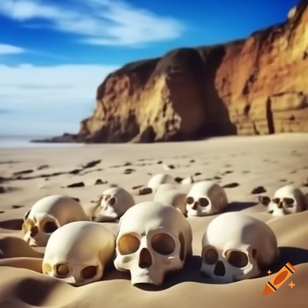 Beach with cliffs featuring scattered skulls in the sand on Craiyon
