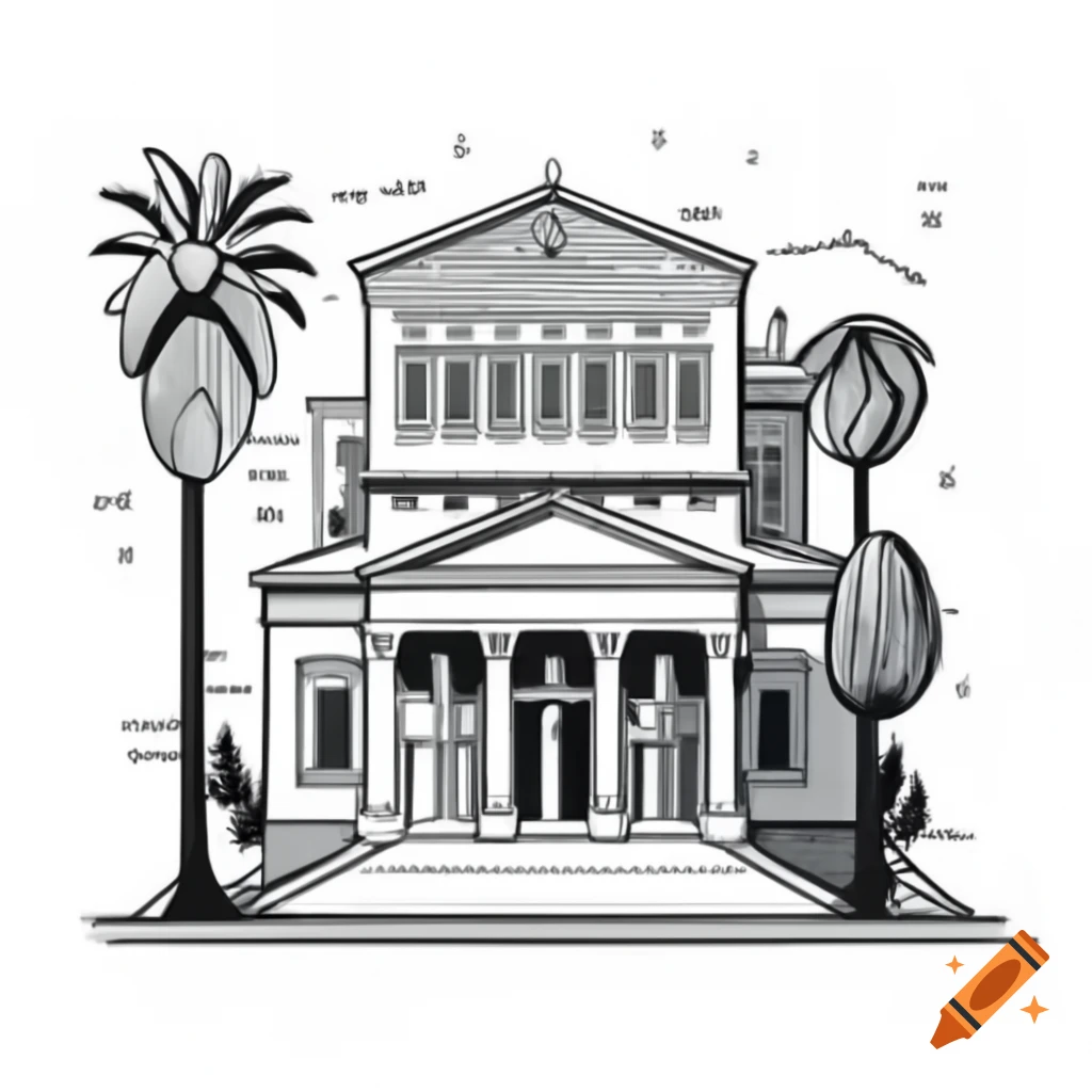 Detailed line drawing of a shop's striped awning and window display ...