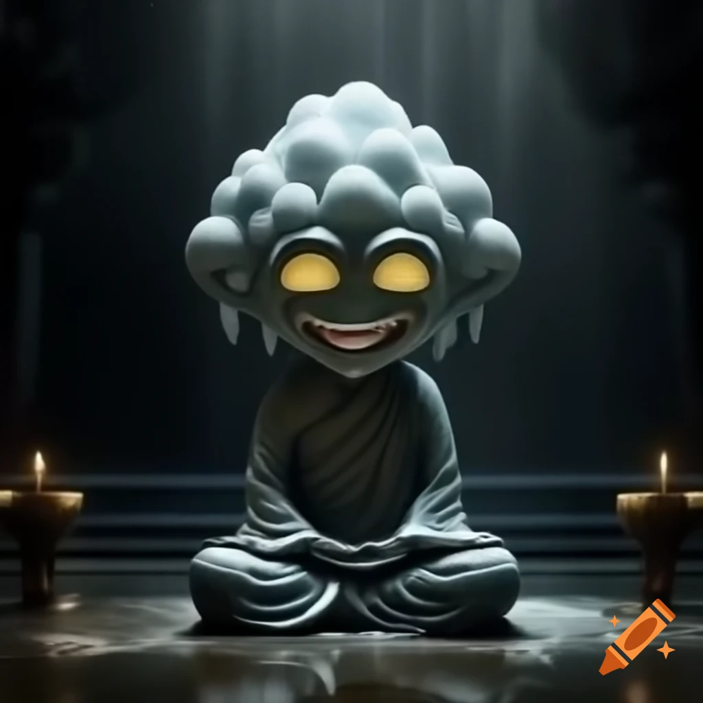 Whimsical rain cloud meditating in dark Buddhist temple with joyful ...