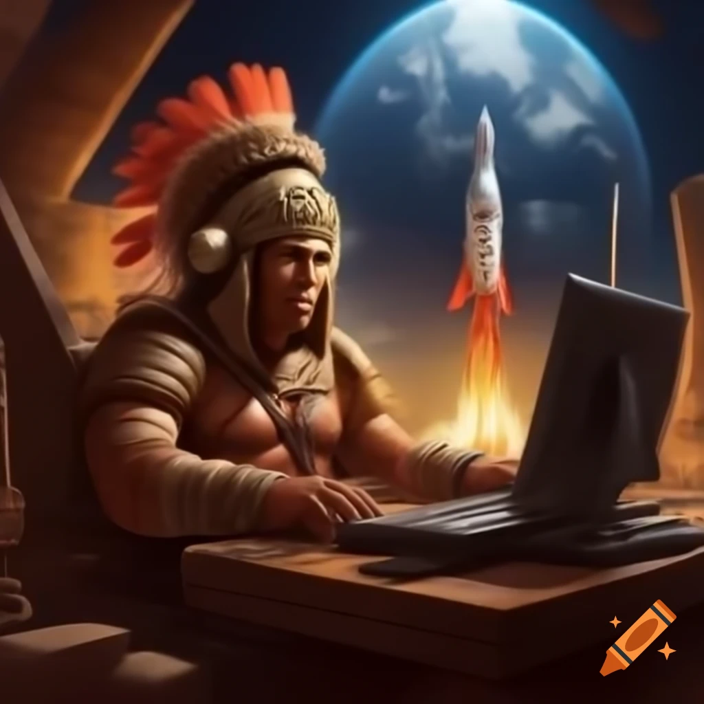 Aztec warrior using computer to launch rocket in aztec kingdom on Craiyon