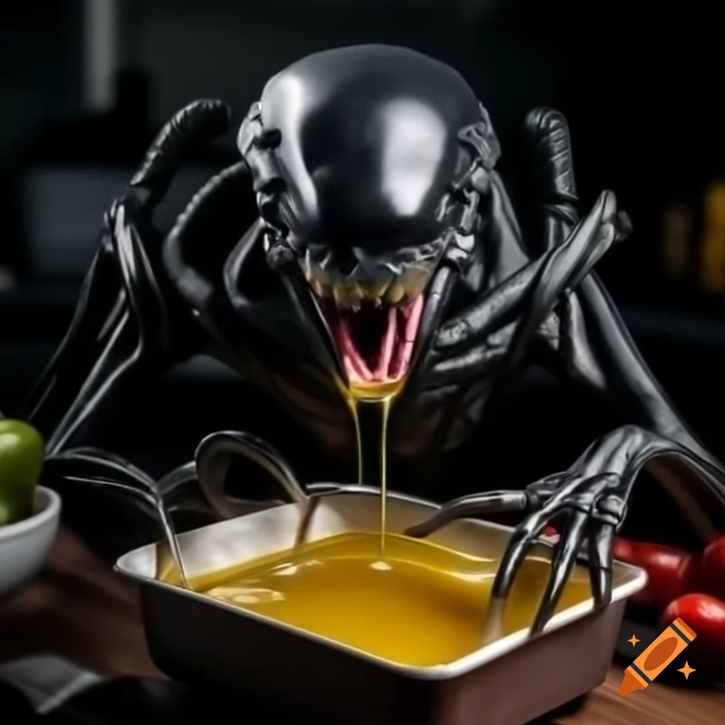Eyeless alien xenomorph drooling clear liquid in a lasagna cooking show ...