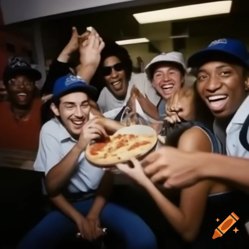 Happy customers enjoying pizza in a parlor with cheese smiles on Craiyon