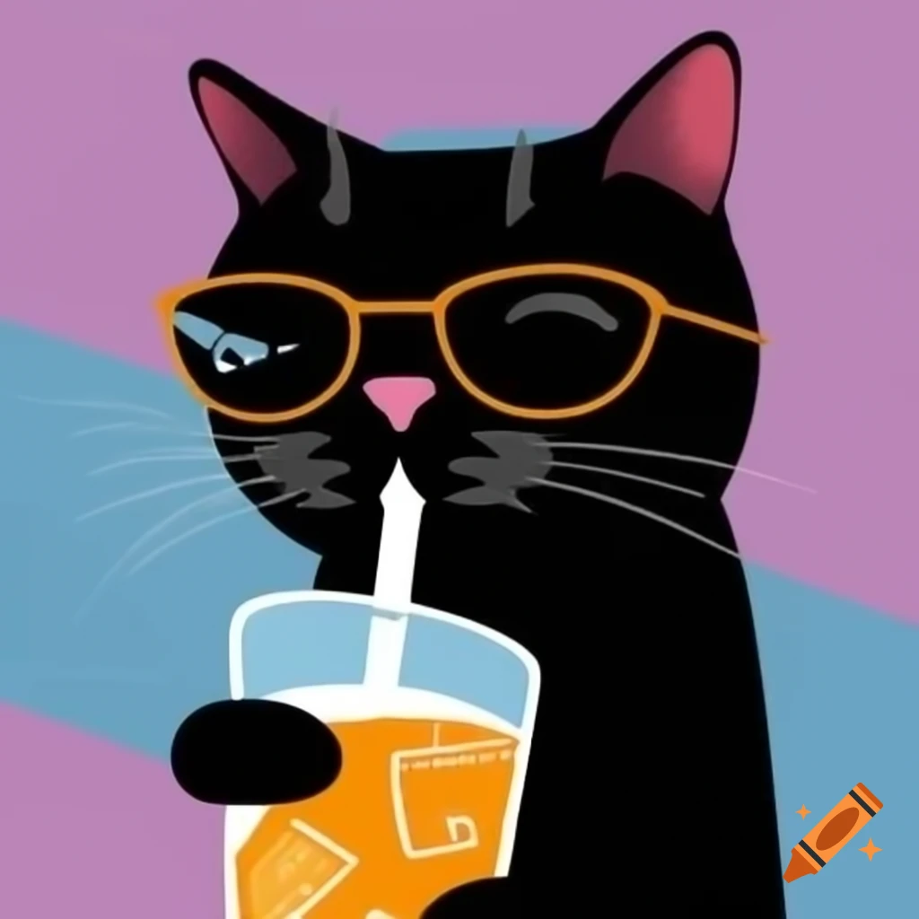 Cartoon black cat wearing sunglasses drinking a beverage on Craiyon