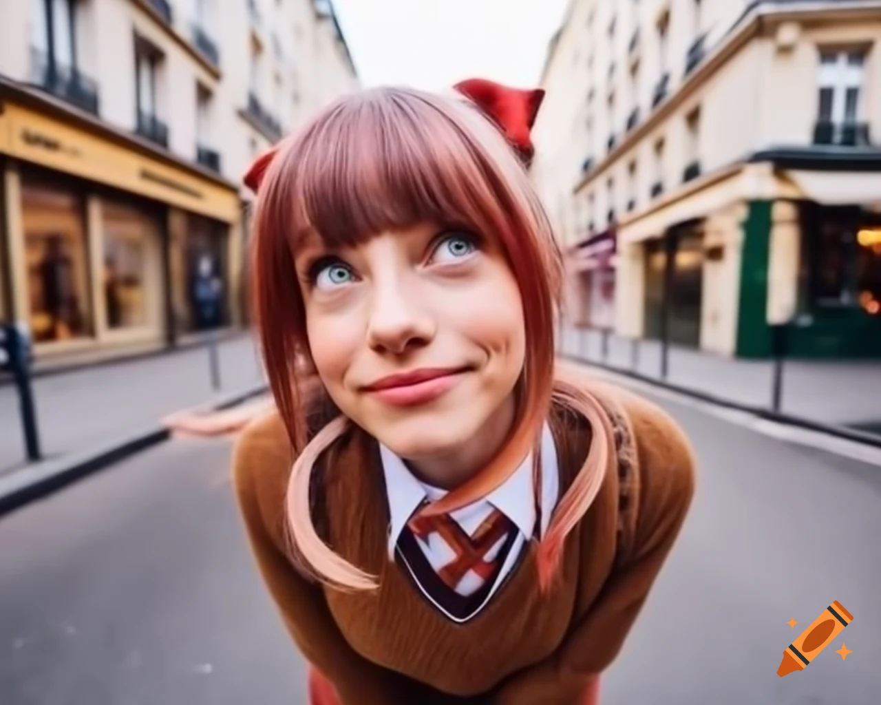 Hyper-realistic portrayal of Monika from Doki Doki Literature Club in ...