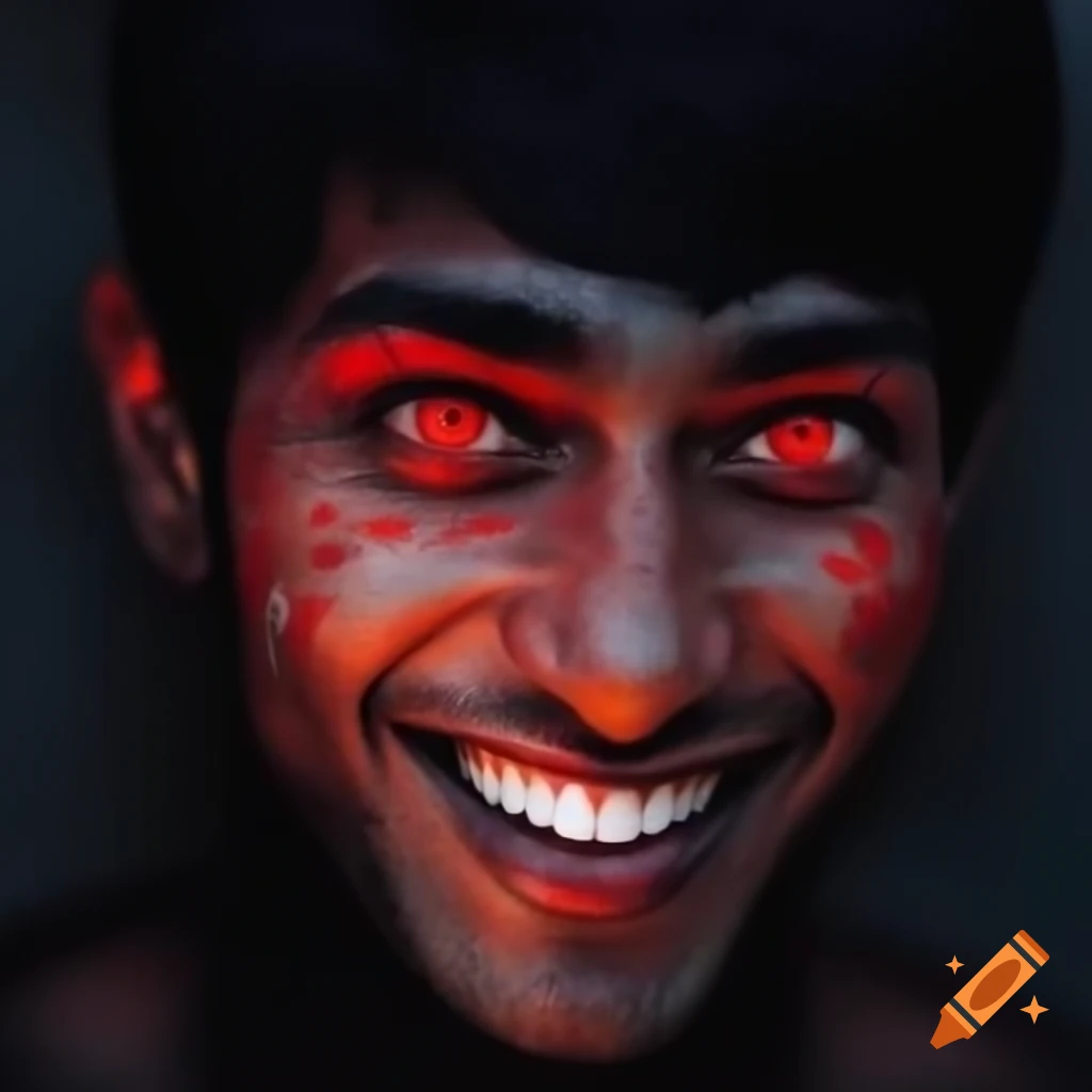 Man with red eyes and black hair smiling with a psychotic expression on ...